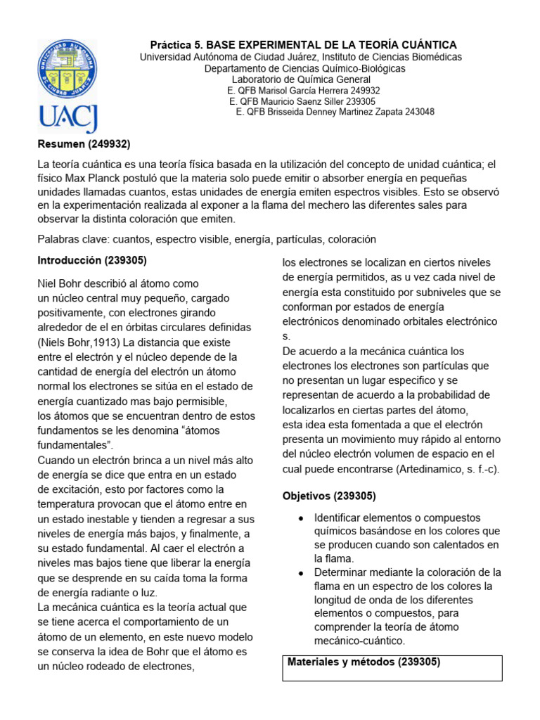 Reporte Práctica 5 | PDF | Electrón | Mecánica cuántica