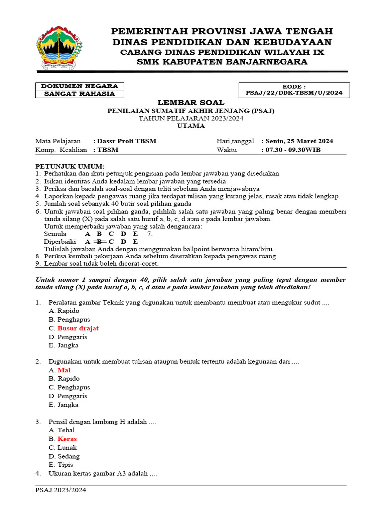 Soal Utama PSAJ DSR Proli TBSM - Asli | PDF | Teknologi & Rekayasa