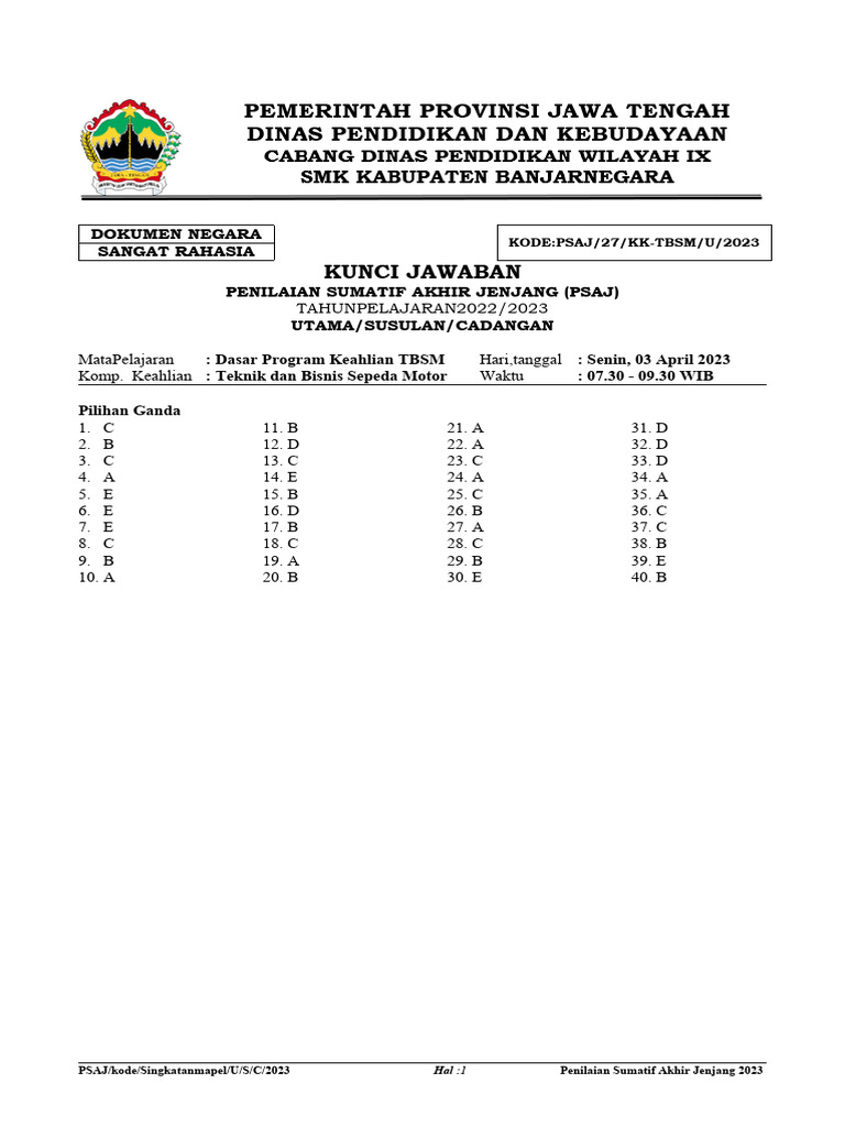 Kunci Jawaban Dasar Program Keahlian TBSM | PDF | Sains & Matematika | Teknologi & Rekayasa
