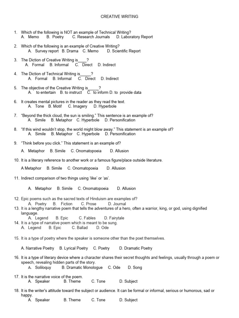CREATIVE WRITING EXAM WITH ANSWER KEY | PDF | Poetry
