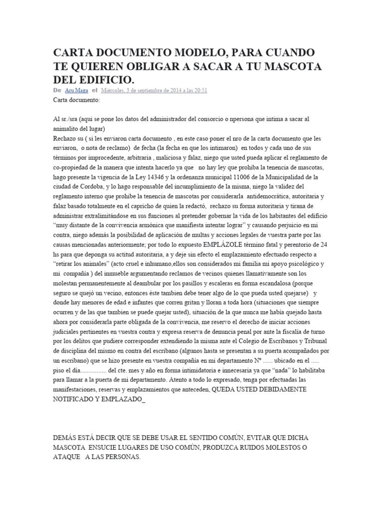 CARTA DOCUMENTO MODELO Perro en Edificio | PDF