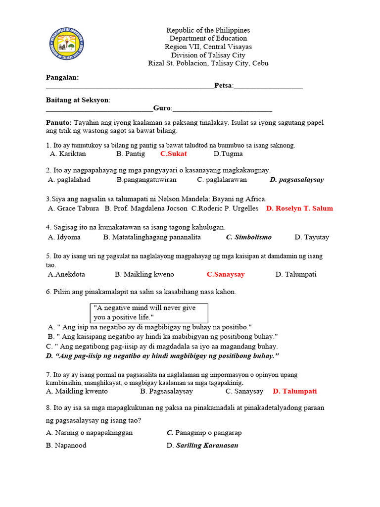 Summative in Filipino 10 Ikatlong Markahan | PDF