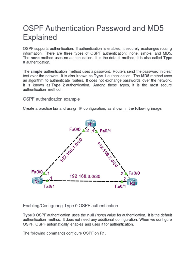 OSPF Authentication Password and MD5 Explained | PDF | Router (Computing) | Password