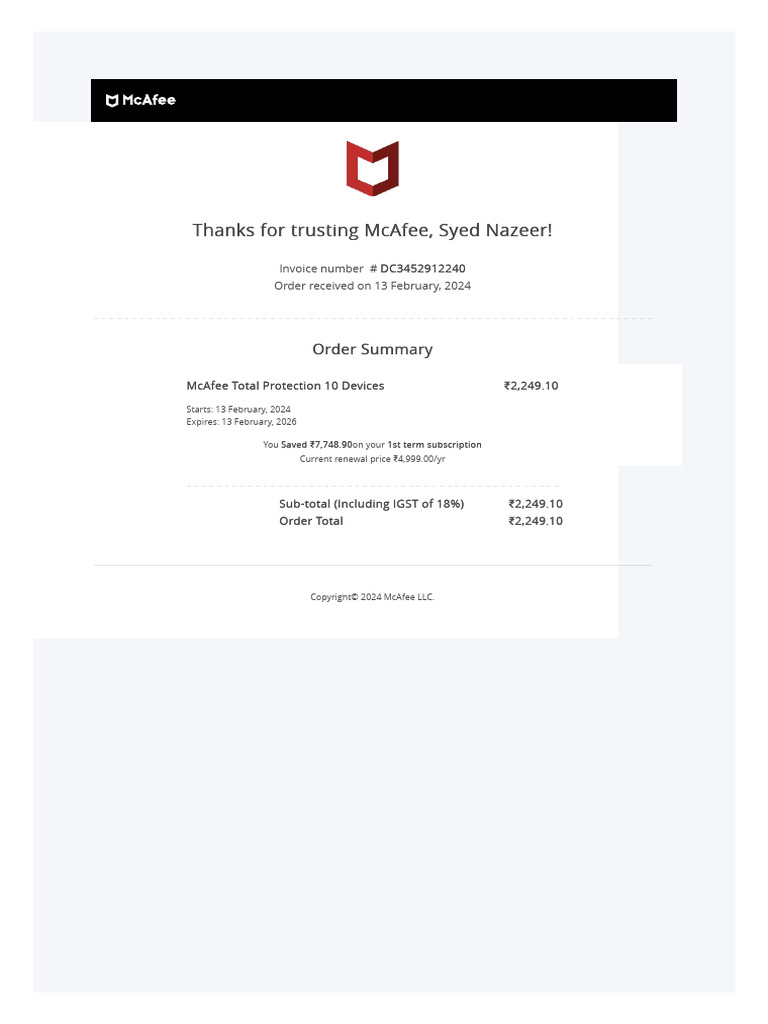 MCAFEE ANTIVIRUS RECEIPT 2500 14-02-2024 | PDF