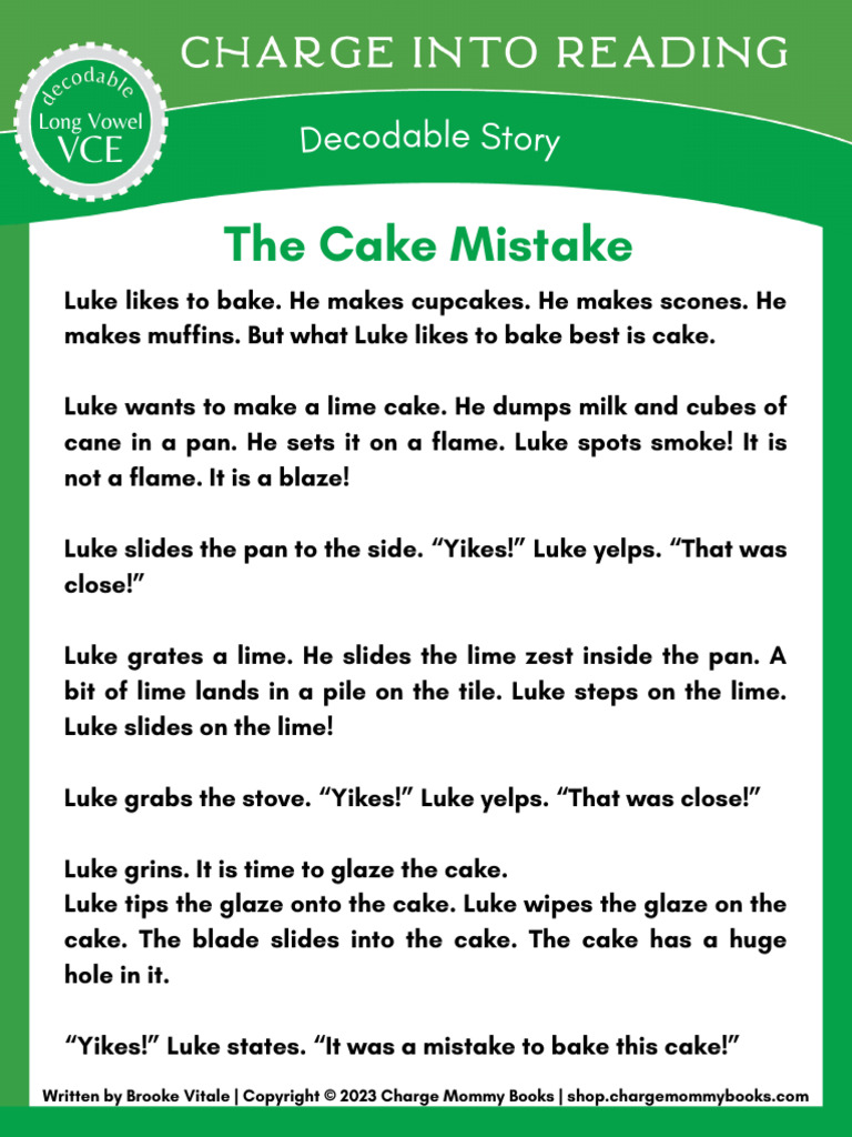 The Cake Mistake A Long Vowel Vce Decodable Story by Brooke Vitale ...