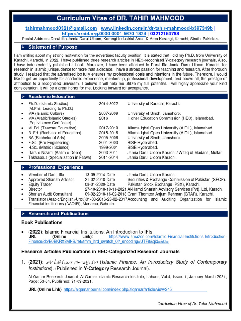 CV_Dr Tahir Mahmood1680888927812 | PDF | Karachi | Islamic Banking And Finance