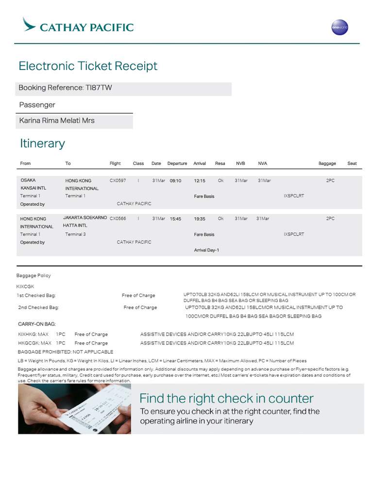 E Ticket Cathay Karina Kix-Cgk | PDF | Civil Aviation