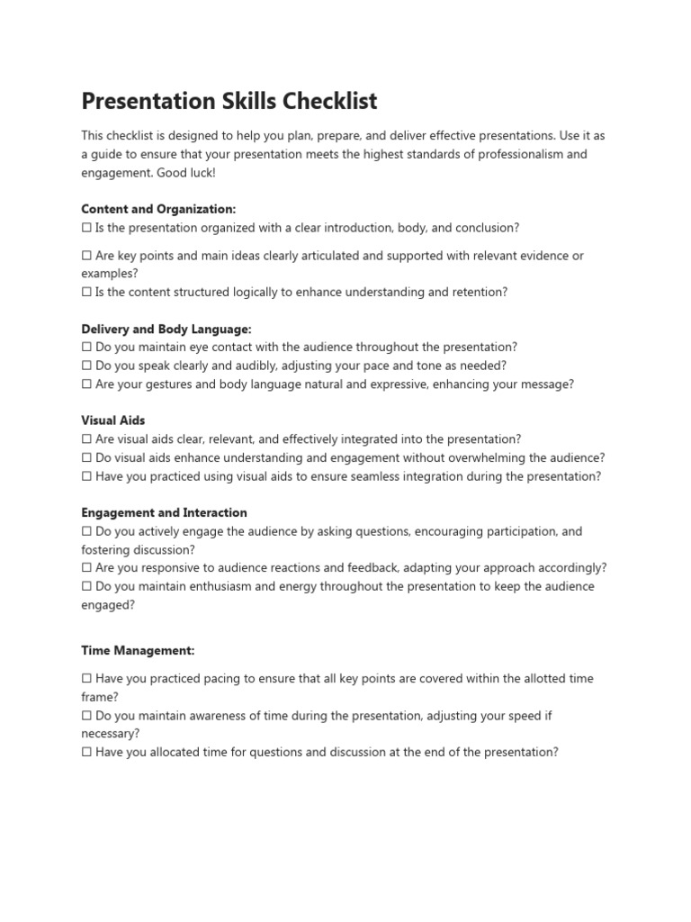 Effective Presentation Skills Checklist | PDF | Career & Growth | Business