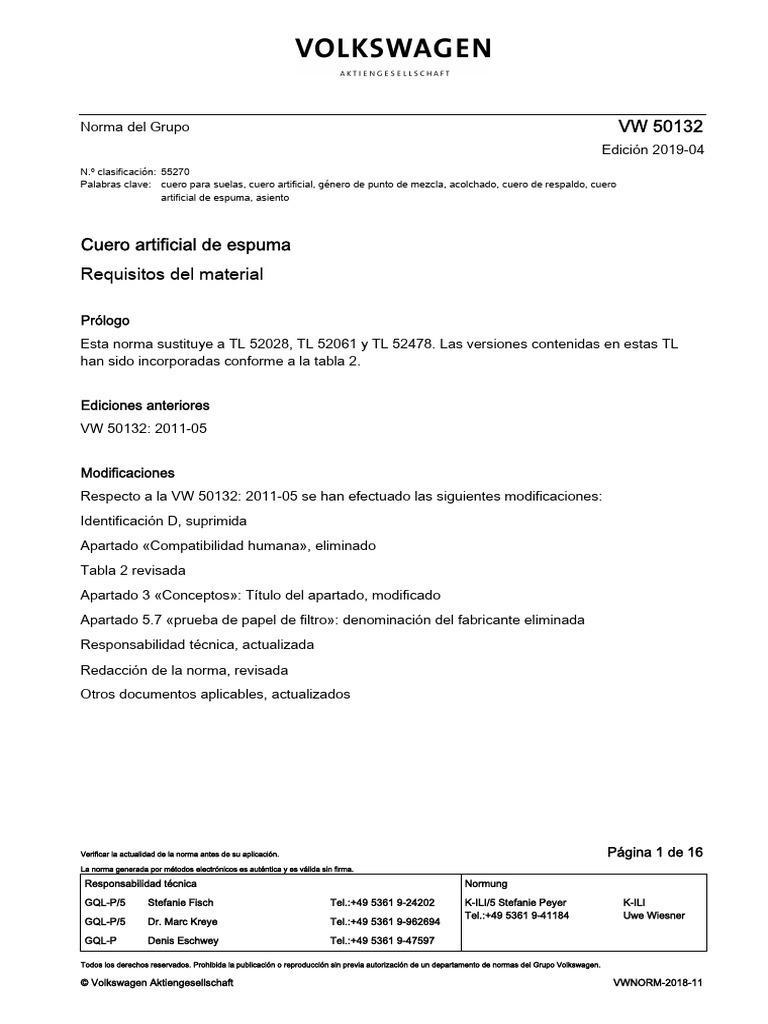 Norma VW 50132: Cuero Artificial 2019 | PDF | Poliuretano | Textiles