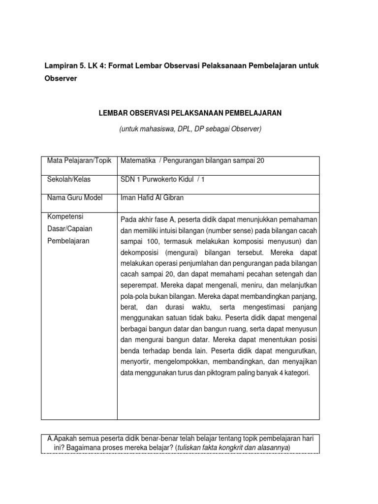 01.05.6-B4-5 Unggah LK 4 - Lembar Observasi Pembelajaran - Siklus 1 - Iman Hafid Al Gibran | PDF