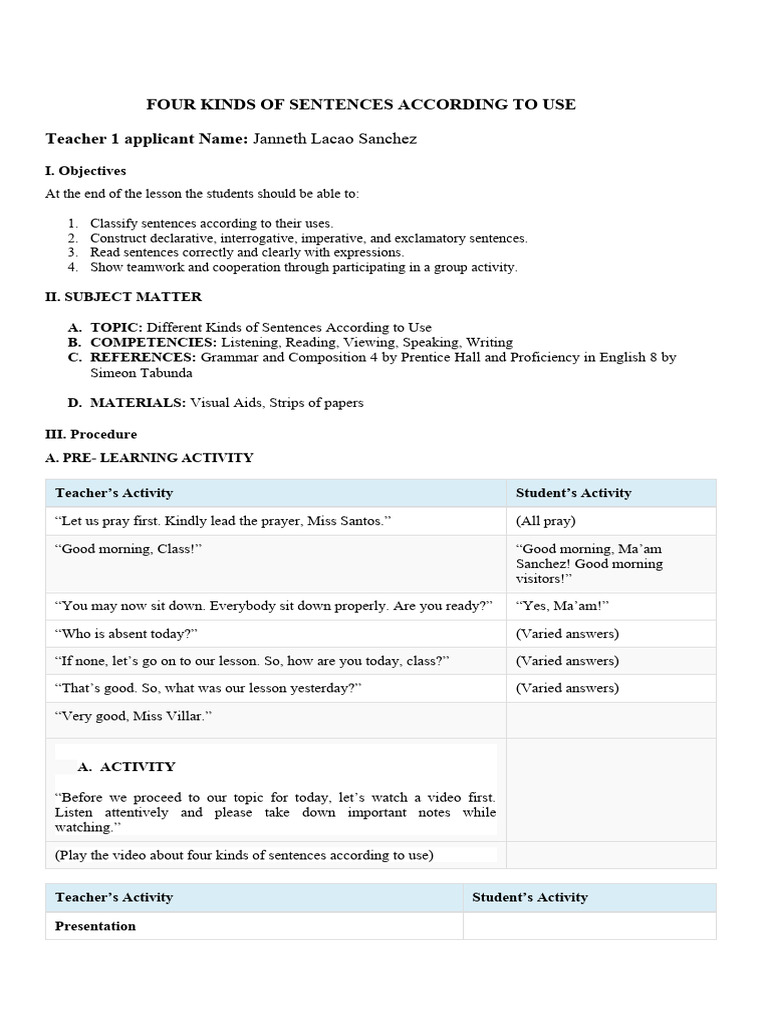 Detailed Lesson Plan in 4 Kinds of Sente | PDF | Question | Sentence (Linguistics)
