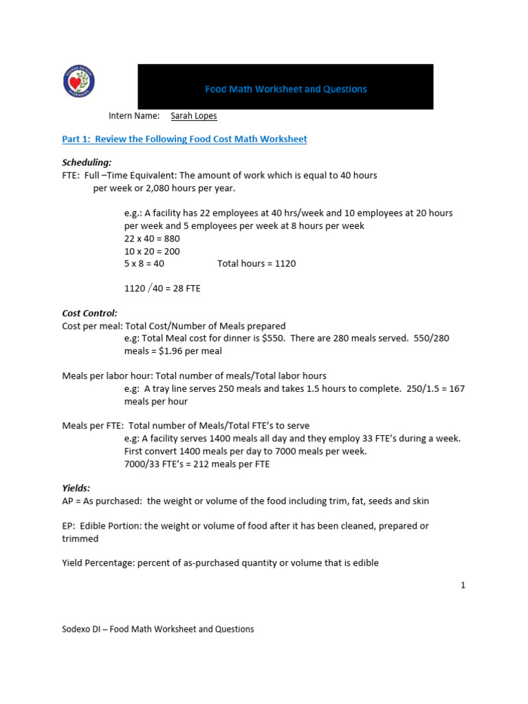Sarahl Food Service Math Assignment | PDF | Pound (Mass) | Meal