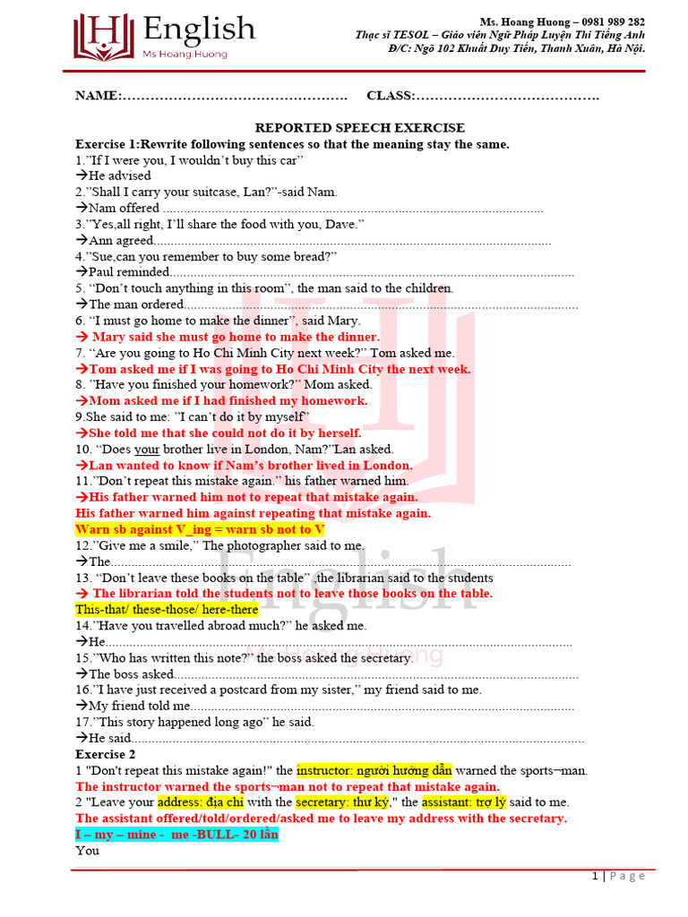 REPORTED SPEECH EXERCISE | PDF