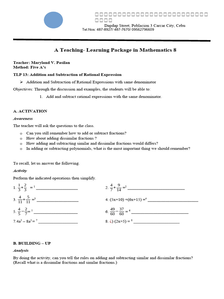 Tlp 13 Addition And Subtraction Of Rational Expression Pdf Rational Number Subtraction