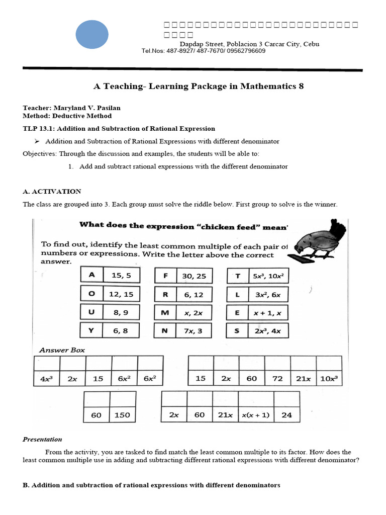 Tlp 13 1 Addition And Subtraction Of Rational Expressions With Different Denominator Pdf
