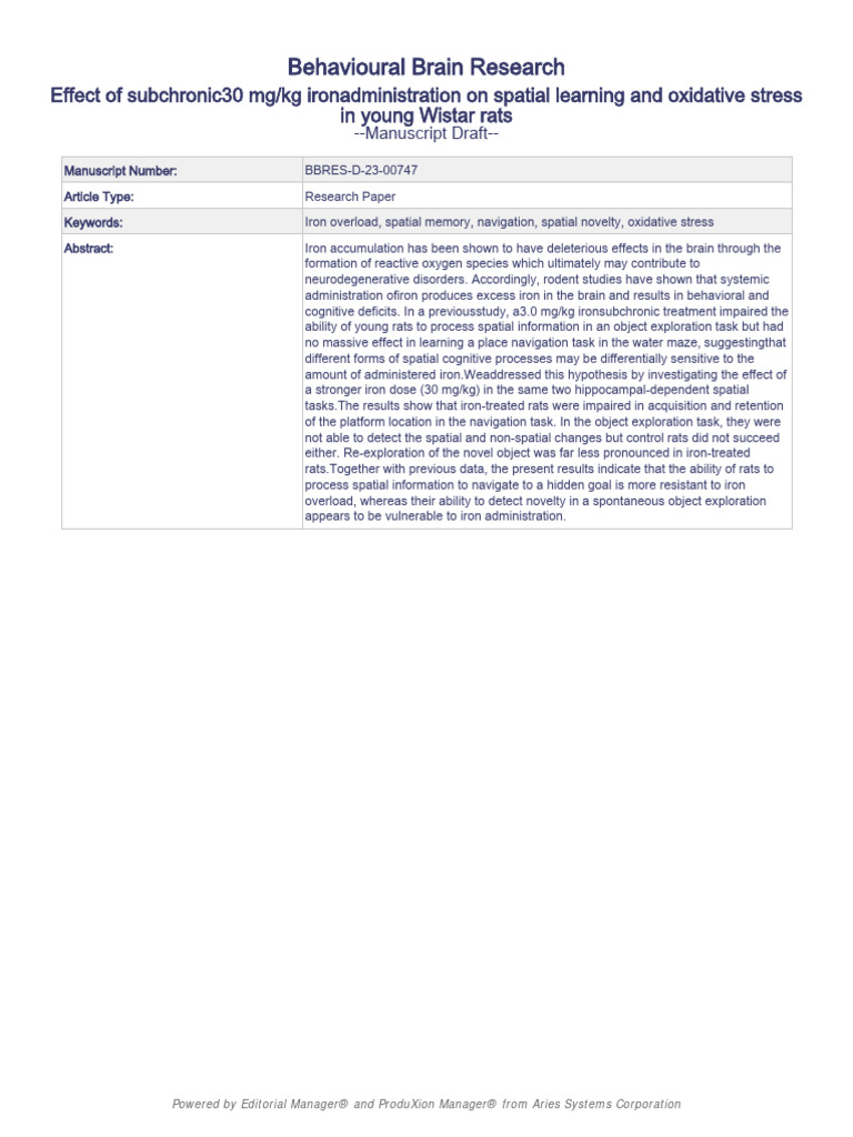 Behavioural Brain Research | PDF | Iron | Superoxide Dismutase