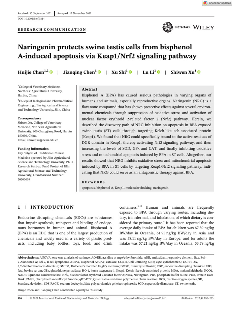 BioFactors - 2021 - Chen - Naringenin Protects Swine Testis Cells From ...
