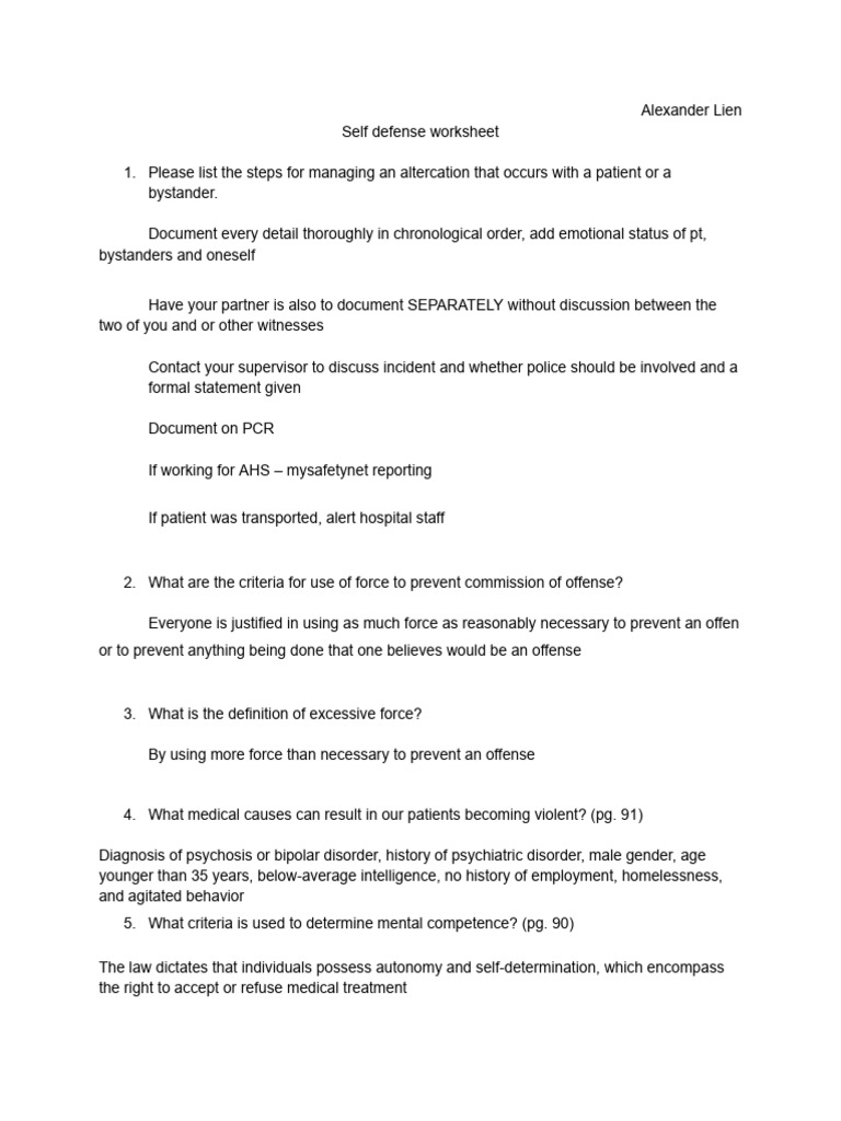 Self-Defense Worksheet | PDF