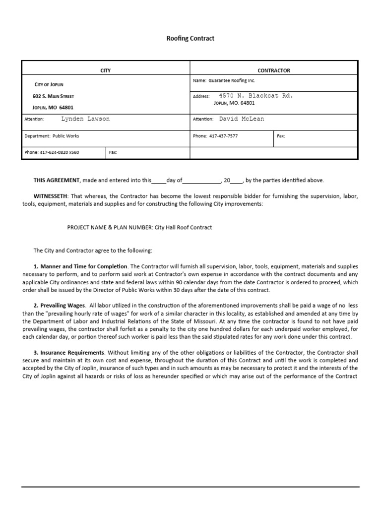 Joplin City Hall Roofing Contract | PDF