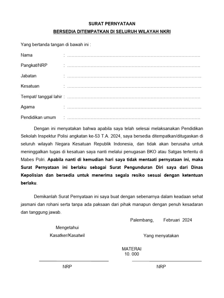 Surat Pernyataan Sip T.A. 2024 | PDF