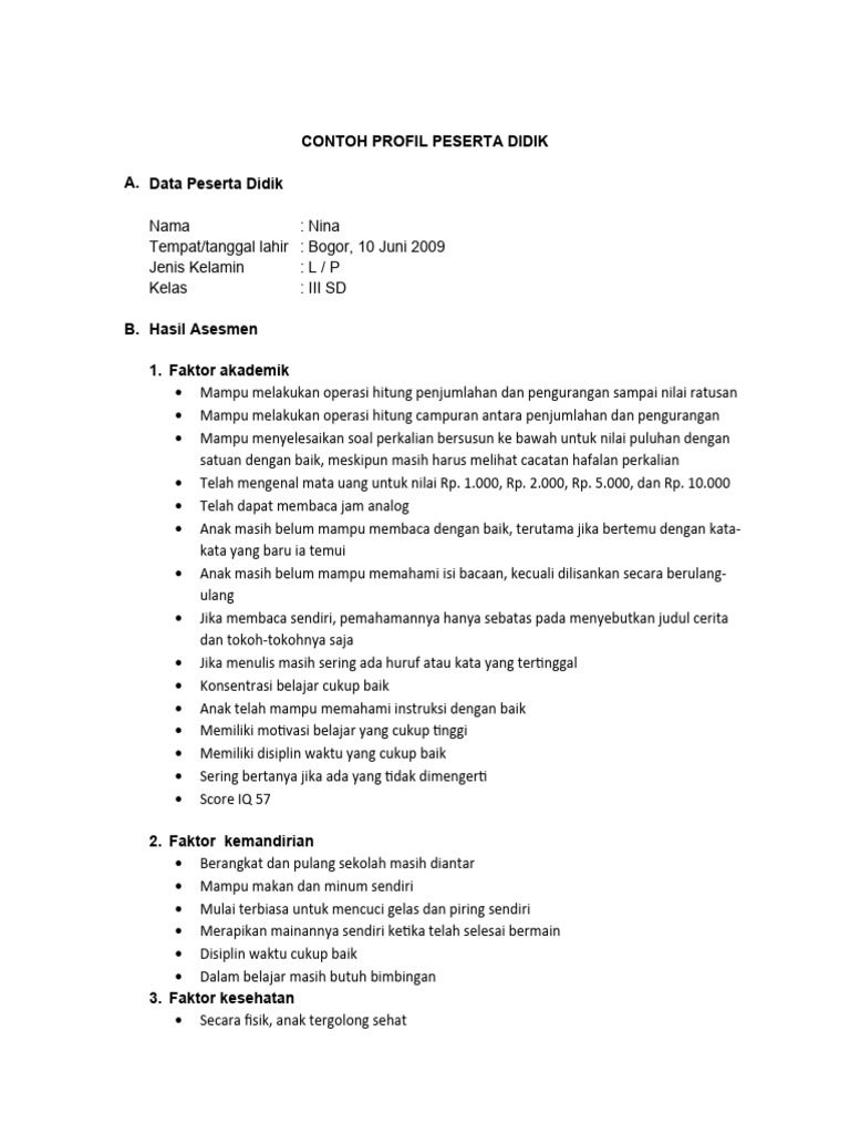 Contoh Profil Siswa | PDF
