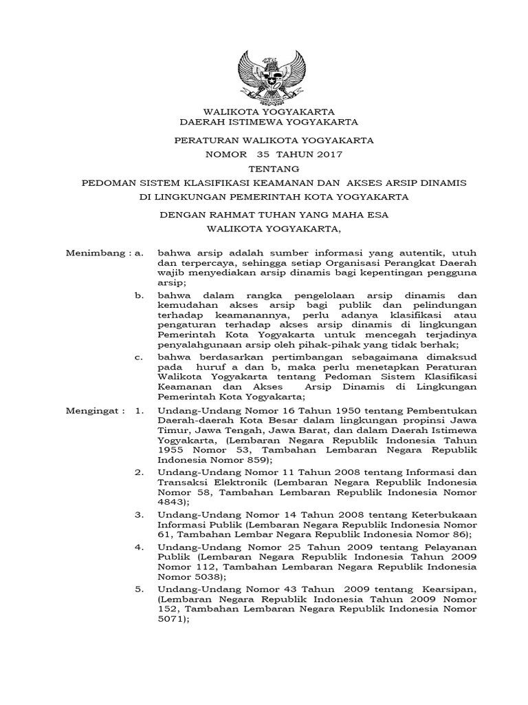 Perwal No 35 Tahun 2017 Tentang Pedoman Sistem Klasifikasi Keamanan Dan Akses Arsip Dinamis (1 ...