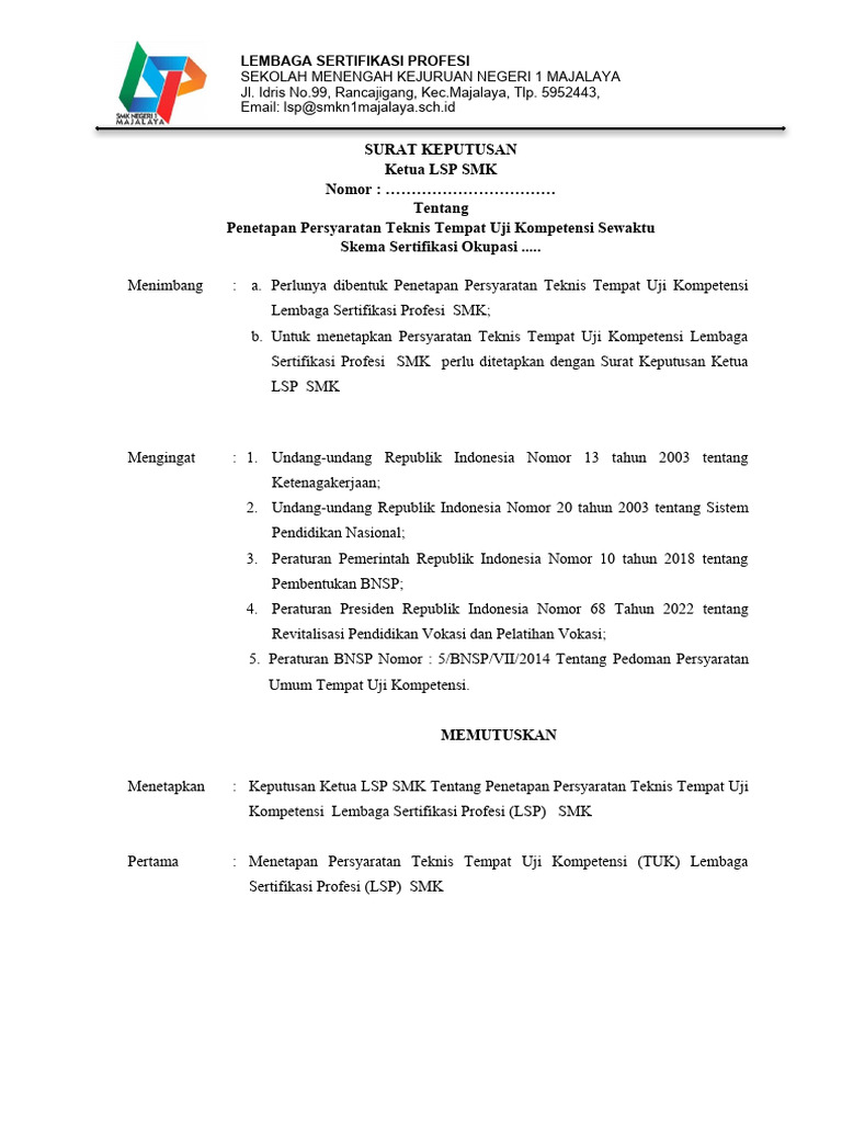 SK Penetapan Persyaratan Teknis TUK Skema Okupasi 454545 | PDF