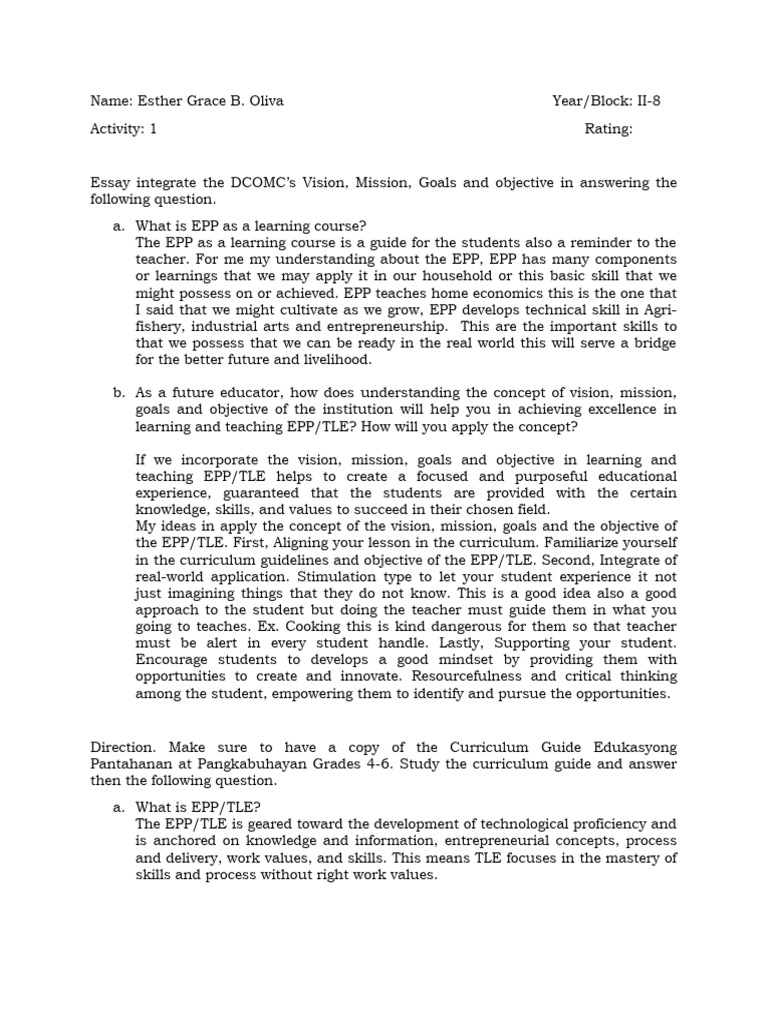 EPP/TLE Vision and Curriculum Guide | PDF