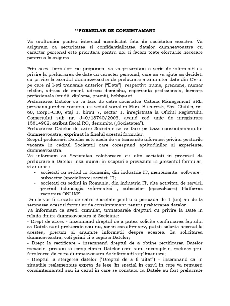 Formular Consimtamant Utilizare Date CV | PDF