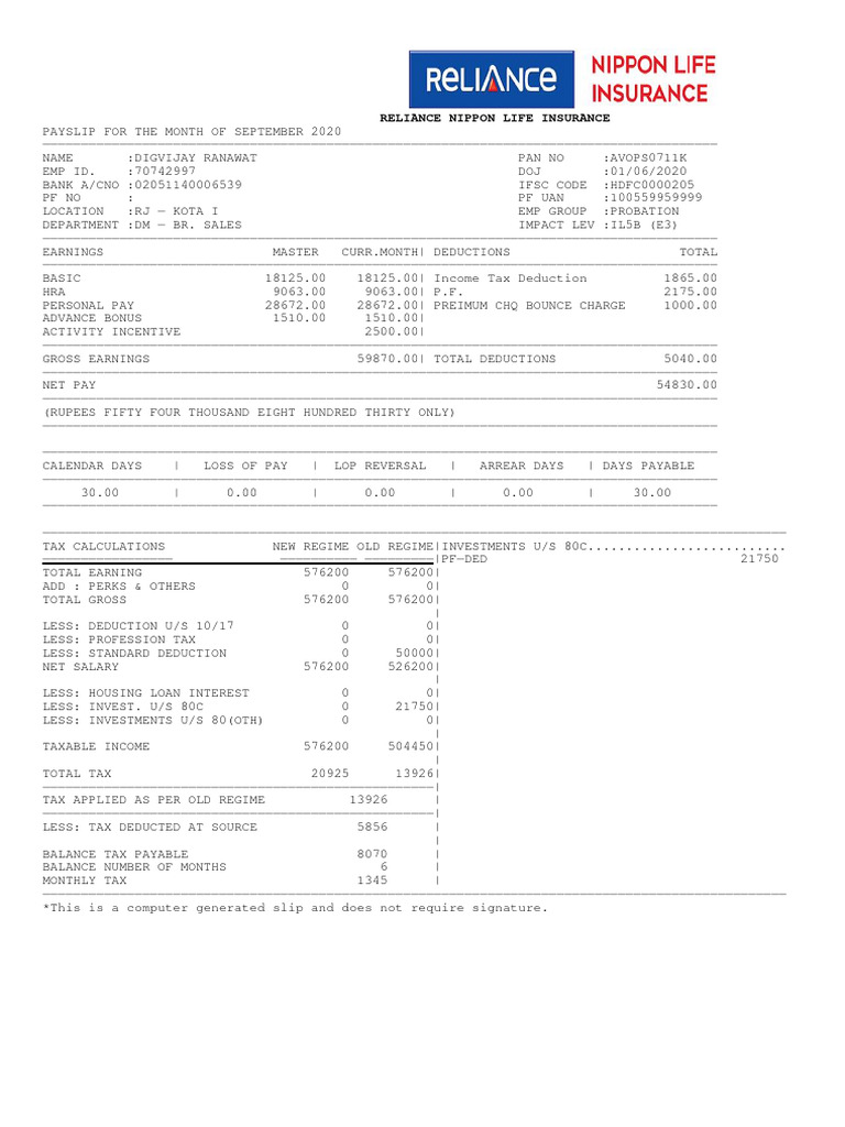 RNLIC__70742997_SEP_2020_PAYSLIP_70742997 | PDF | Tax Deduction | Taxes