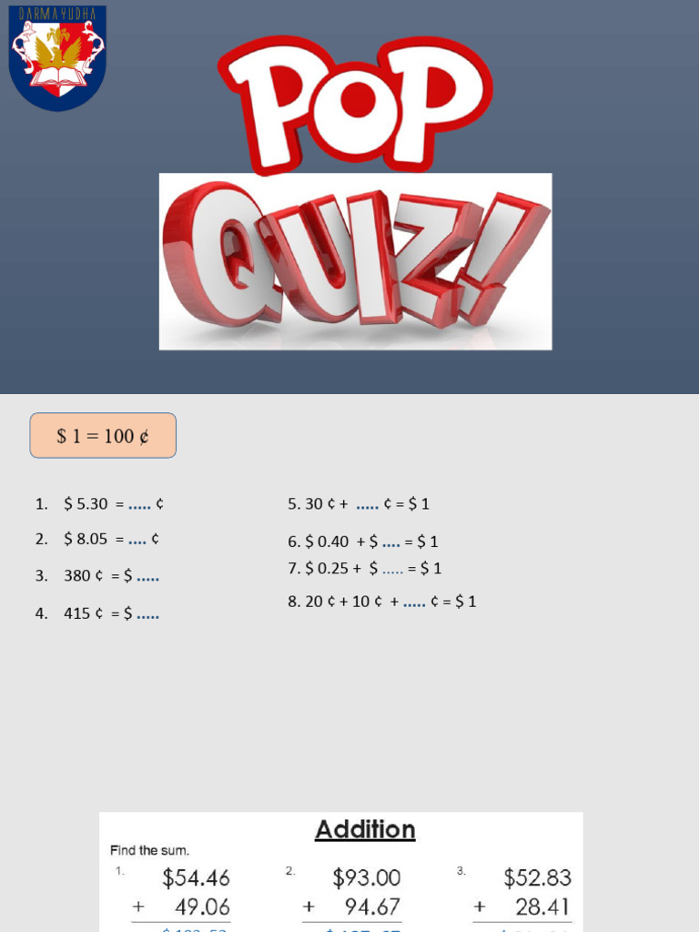 Pop Quiz - Math-money | PDF