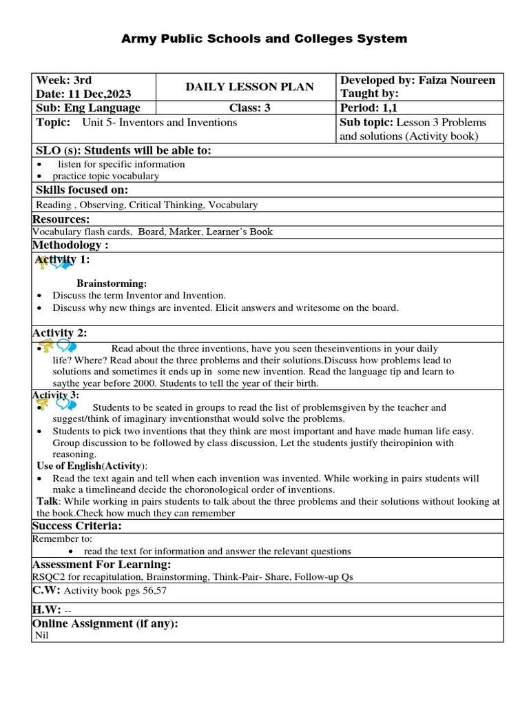 English Lesson Plan - Class 3 - Week 3 | PDF | Lesson Plan | Vocabulary