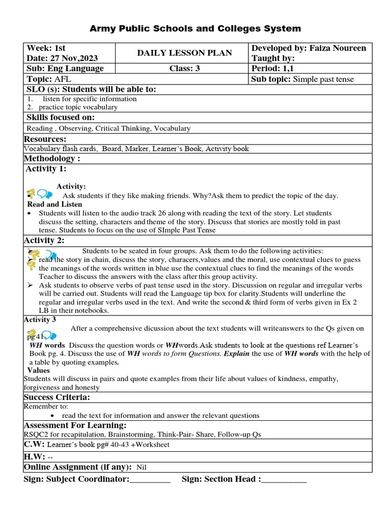 English Lesson Plan - Class 3 - Week 1 | Download Free PDF | Vocabulary | Lesson Plan