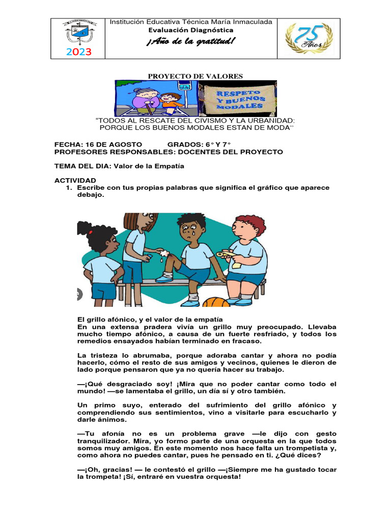 Proyecto de Valores 6° y 7° | PDF