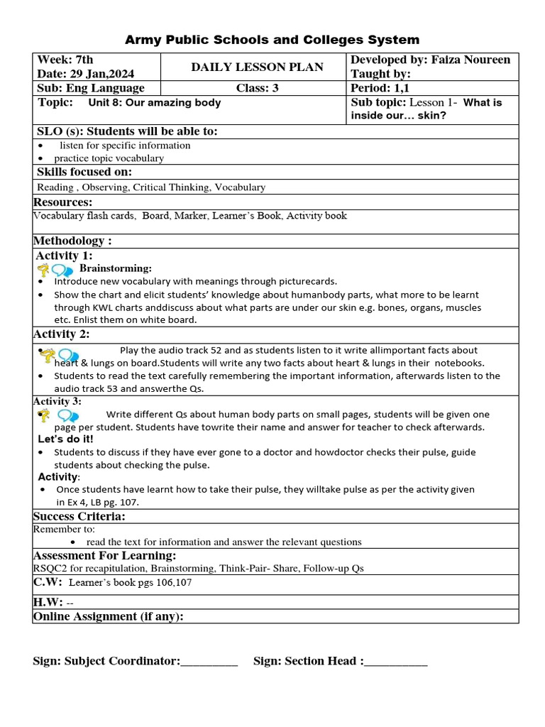 English Lesson Plan - Class 3 - Week 7 | PDF | Vocabulary | Lesson Plan
