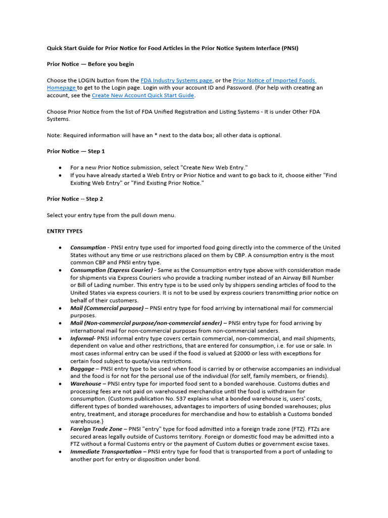 Quick Start Guide For Prior Notice For Food Articles | PDF