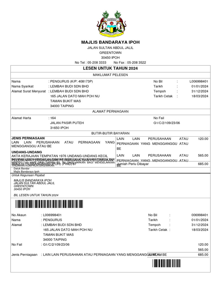 Majlis Bandaraya Ipoh: Lesen Untuk Tahun 2024 | PDF