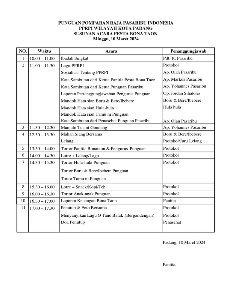 Susunan Acara Bona Taon Pasaribu 2024 | PDF