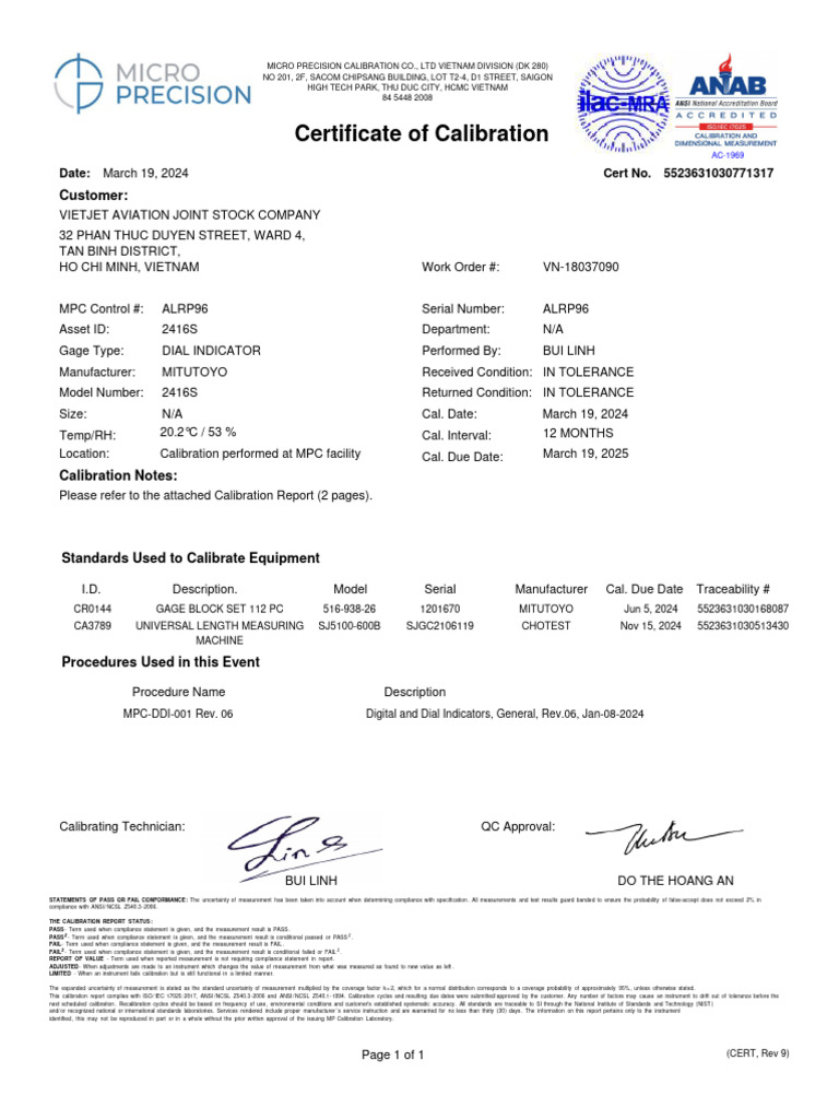 Calibration Certificate for Dial Indicator | PDF