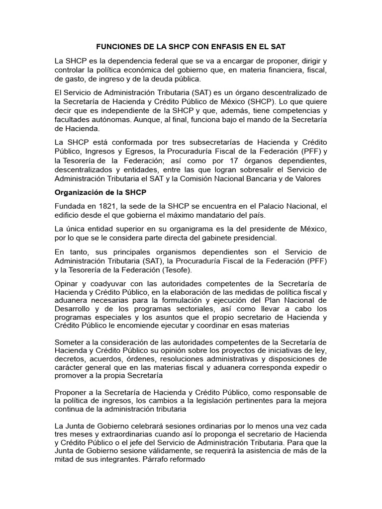 Funciones de La SHCP Con Enfasis en El Sat | PDF