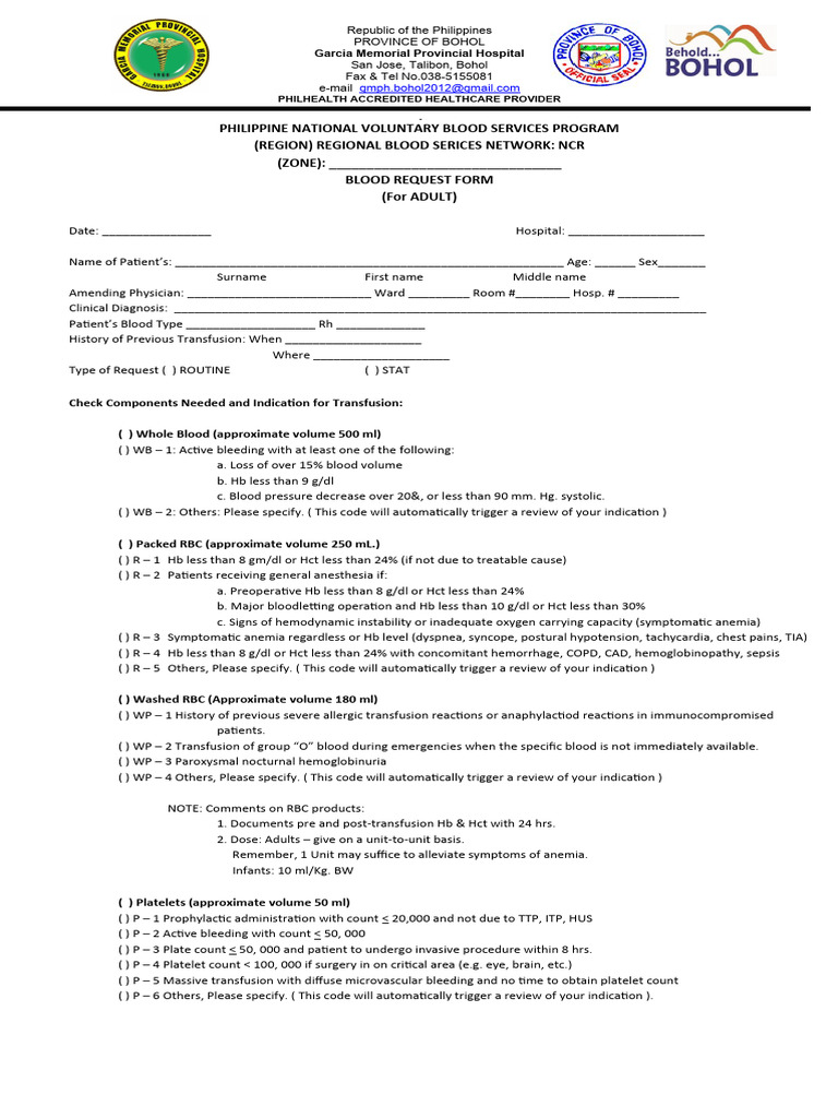 Blood Request Form Adult | Download Free PDF | Blood Transfusion | Anemia