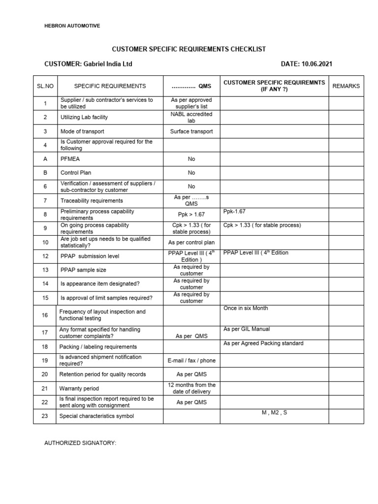 Customer Specific Requirements Checklit | PDF | Quality Management ...