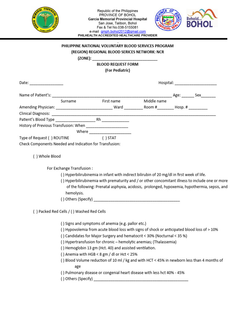 BLOOD-REQUEST-FORM-PEDIATRIC | PDF | Blood Transfusion | Bleeding