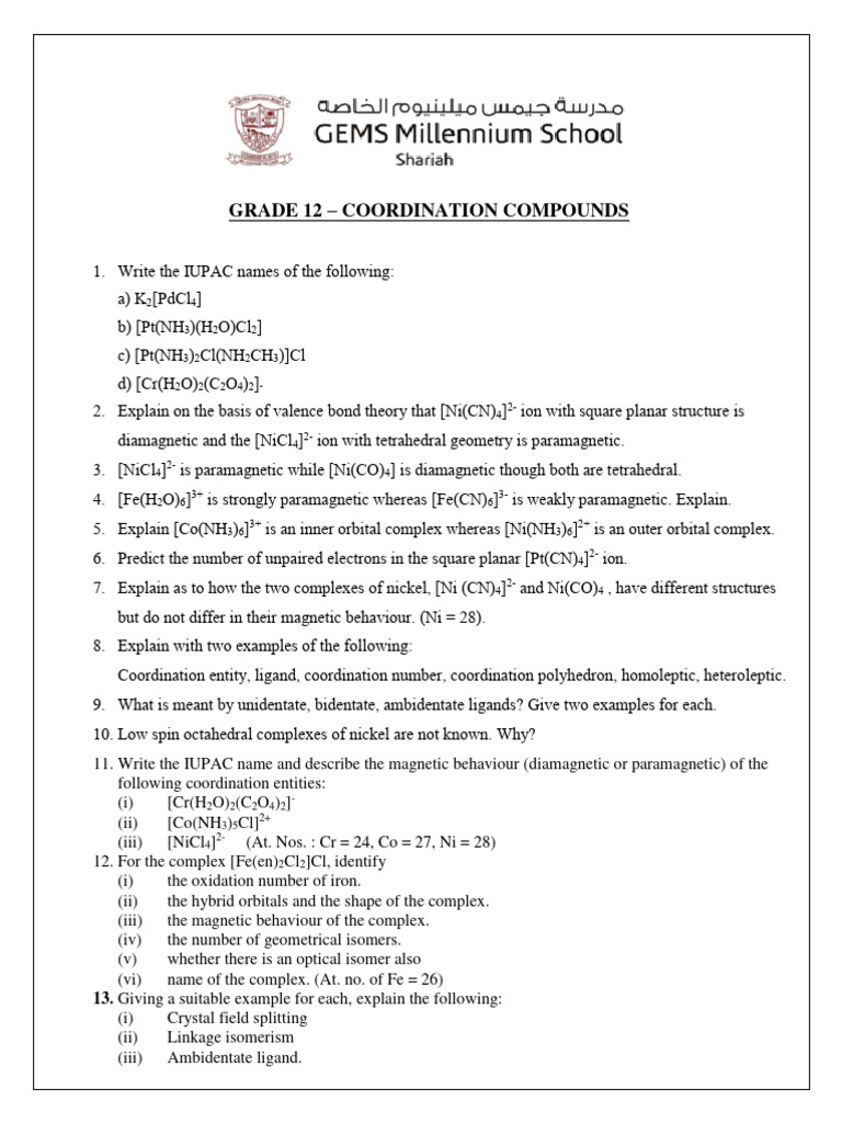 Coordination Compounds - Work Sheet | PDF