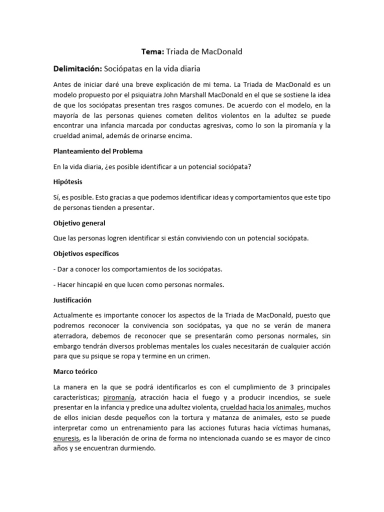 Triada de MacDonald | PDF | Desorden de personalidad antisocial ...