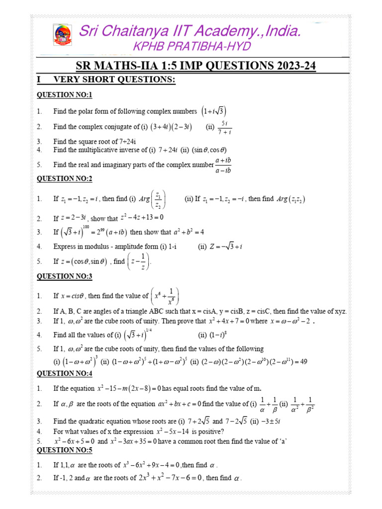 Ts SR Maths Iia Imp Questions-2023-24 | PDF | Variance | Complex Number
