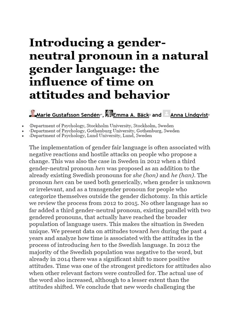 Attitudes Toward the Pronoun "Hen" | PDF | Grammatical Gender | Gender