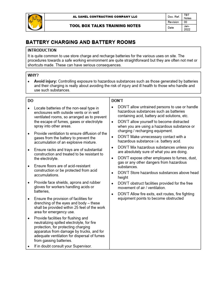 7. Battery Charging and Battery Rooms | PDF | Firefighting | Safety
