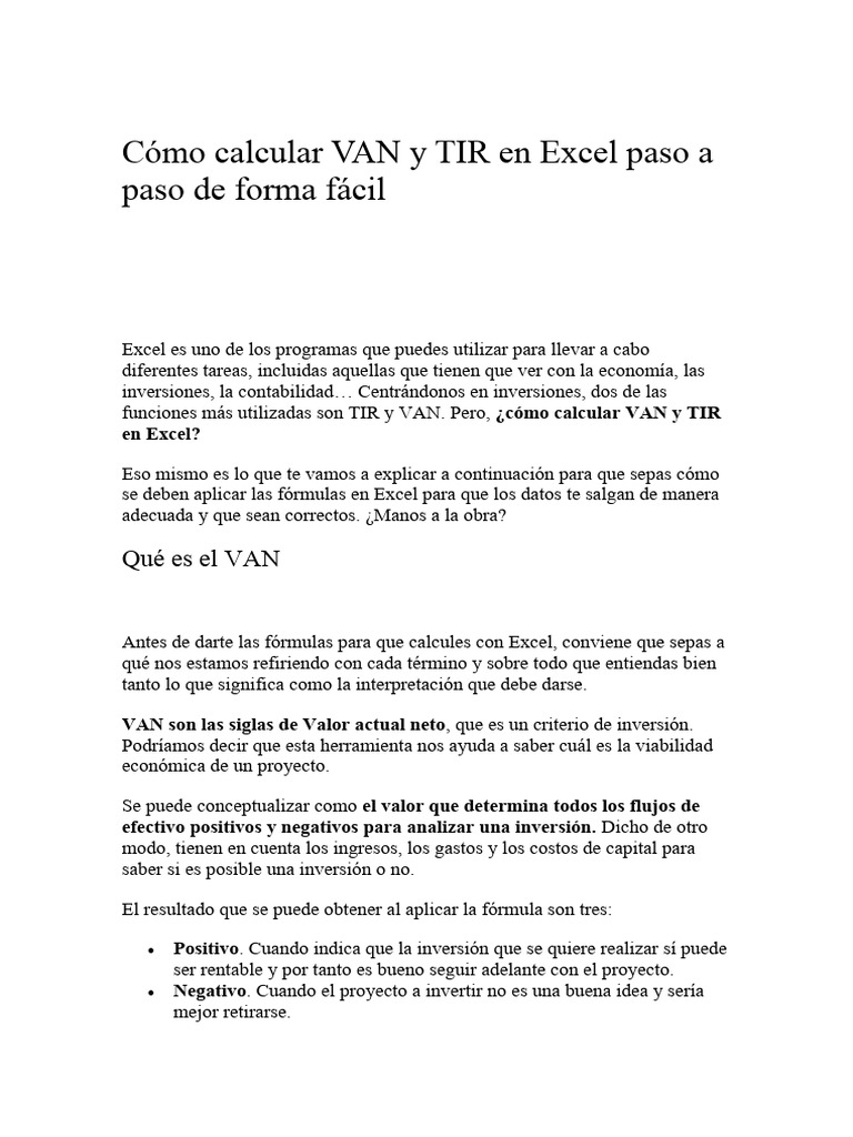Cómo Calcular VAN y TIR en Excel Paso a Paso de Forma Fácil | PDF