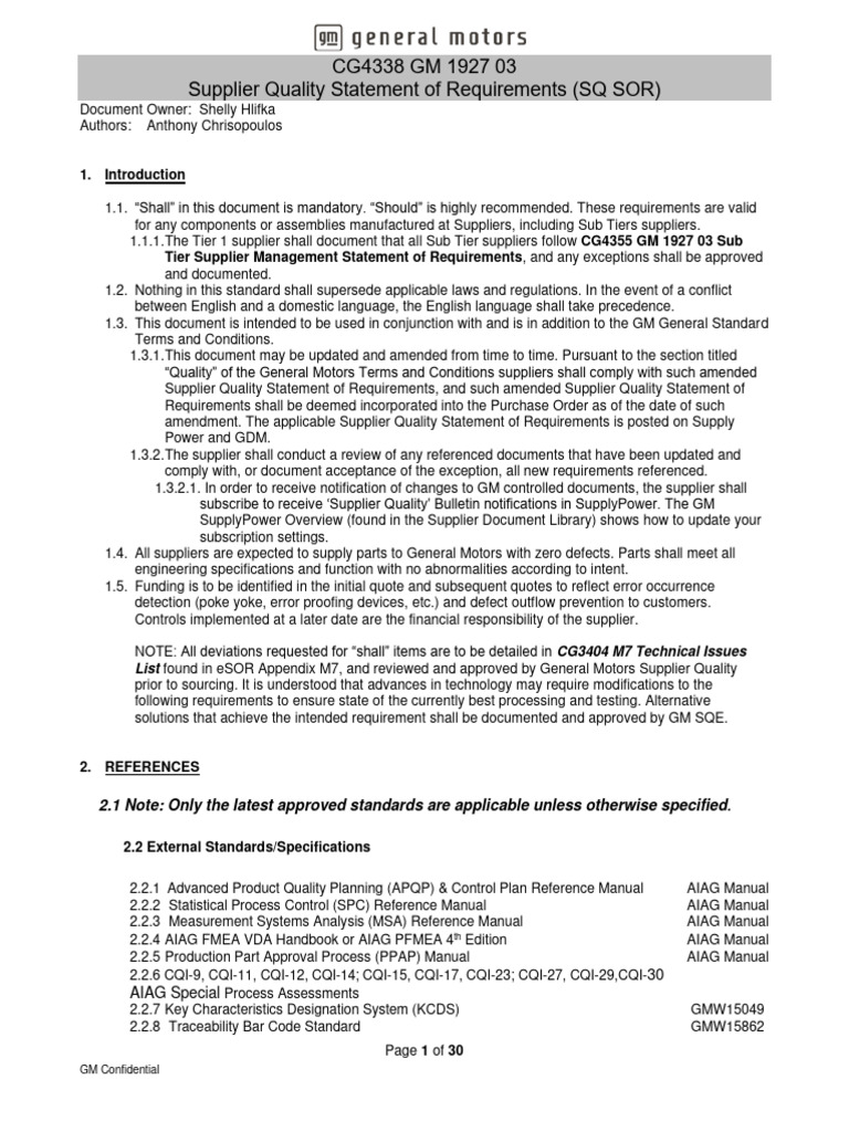 CG4338 GM 1927 03 Supplier Quality Statement of Requirements Rev 19 0 | PDF